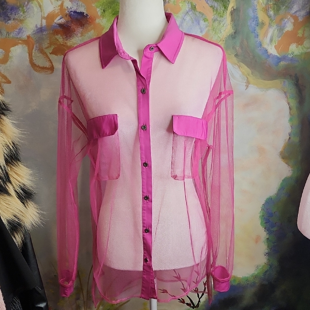 Sheer Mesh Pink Button-Up Shirt - Gem
